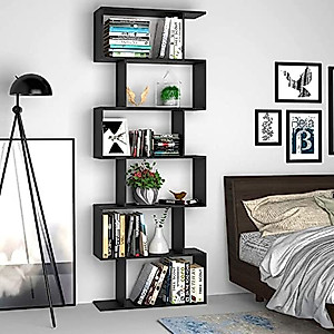 Function Home Geometric Bookcase Wood, S Shaped Bookshelf 6-Tier, Modern Freestanding Multifunctional Decorative Storage Shelving Display Shelves, Black Book Shelf Tall Narrow for Bedroom Living Room