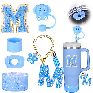 Mity rain Cup Accessories Set for stanley 30 oz 40 oz tumbler with handle, Including Initials Charms, Straw Cover Cap, Boot, Sticker, Silicone Spill Proof Stopper,Blue Decorate for Boy Girl (Letter M)