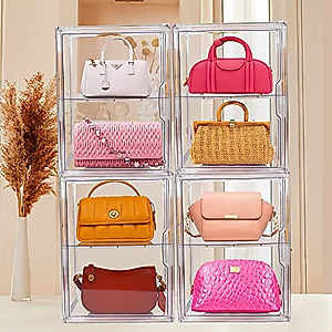 Cutora Clear Handbag Display Case for Closet, Large 2 Layers Plastic Acrylic Purse Storage Organizers, Anti Dust Luxury Stackable Bag Container Box with Magnetic Door for Clutch Cosmetics Makeup