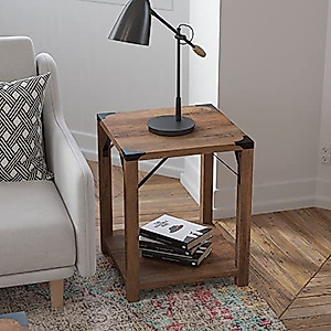 Flash Furniture Wyatt Modern Farmhouse 2 Tier Side Table - Rustic Oak Engineered Wood Frame - Black Metal Crisscross Side Braces and Corner Accents