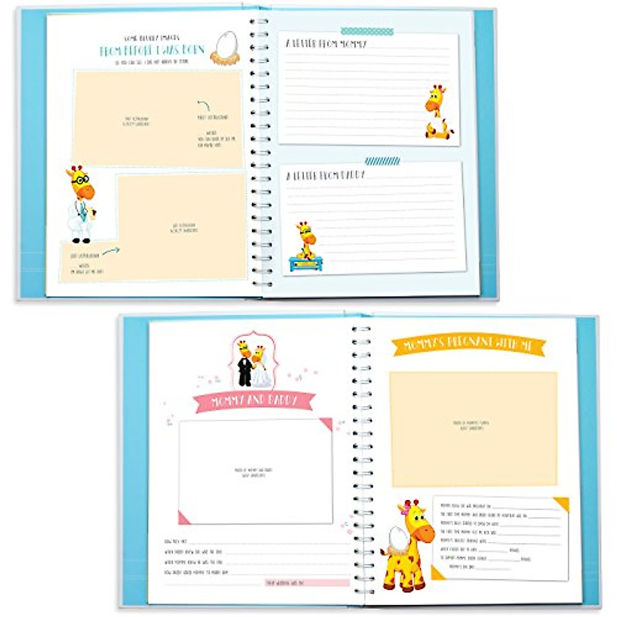 KiddosArt Baby Memory Book. Record Memories and Milestones of The First 5 Years On 72 Beautifully Drawn Pages Starring Lilly The Giraffe Blue. 12 Monthly Stickers Included.