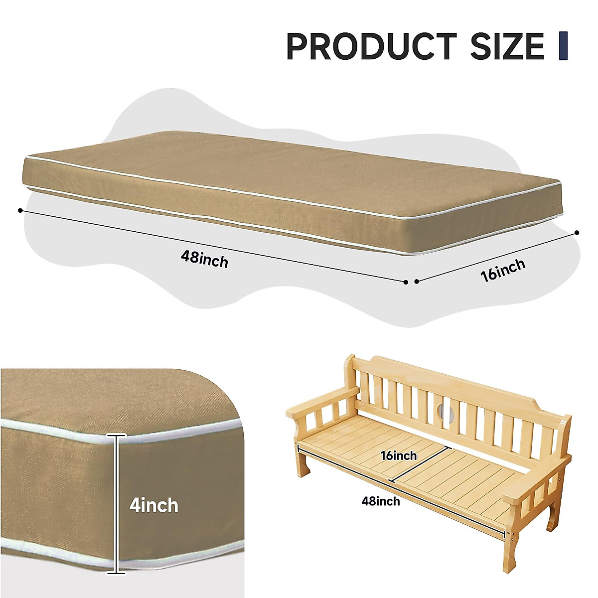 PNP FKJP Outdoor Bench Cushion 48" x 18" x 3", Waterproof Patio Furniture Cushions,Outdoor Porch Swing Cushion,Khaki (Cushion + Cover)