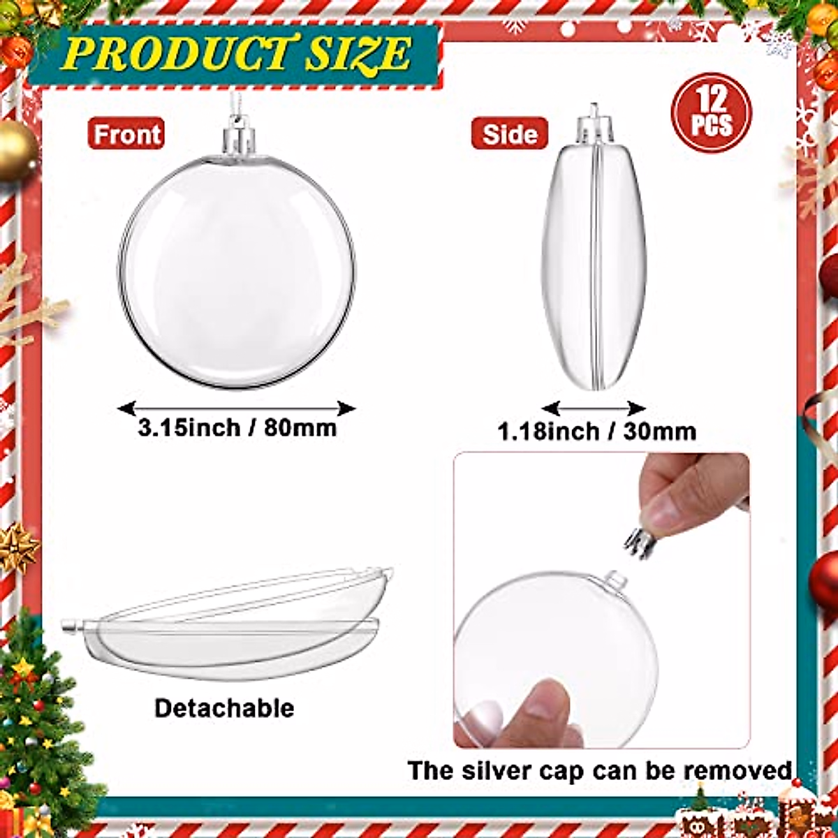 Sawysine 12 Pcs 3.15 Inch Clear Ornaments for Crafts Fillable Christmas Ornament Discs Plastic Balls Flat Oval DIY Transparent Wedding Birthday Party Decor, Silver