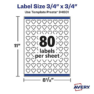Avery Matte White Heart Labels with Sure Feed, .75" x .75", 2,000 Matte White Printable Labels