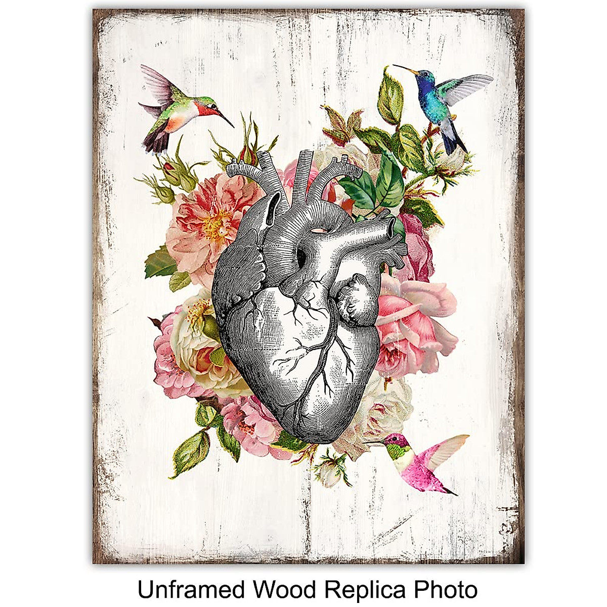 Human Anatomy Floral Hummingbird Wall Art Poster Set - 8x10 Rustic Heart, Brain, Lungs for Doctor, Medical Office, Living Room, Bedroom - Shabby Chic Goth Gift for ER Nurse Practitioner, RN, CNA