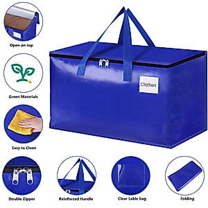 Extra Large Moving Bags with Long Handles &Strong Zippers,Extra Large Storage Bags for Space Saving, Fold Flat, Clothing Blanket Storage,Alternative to Moving Box (blue, 4PACK)