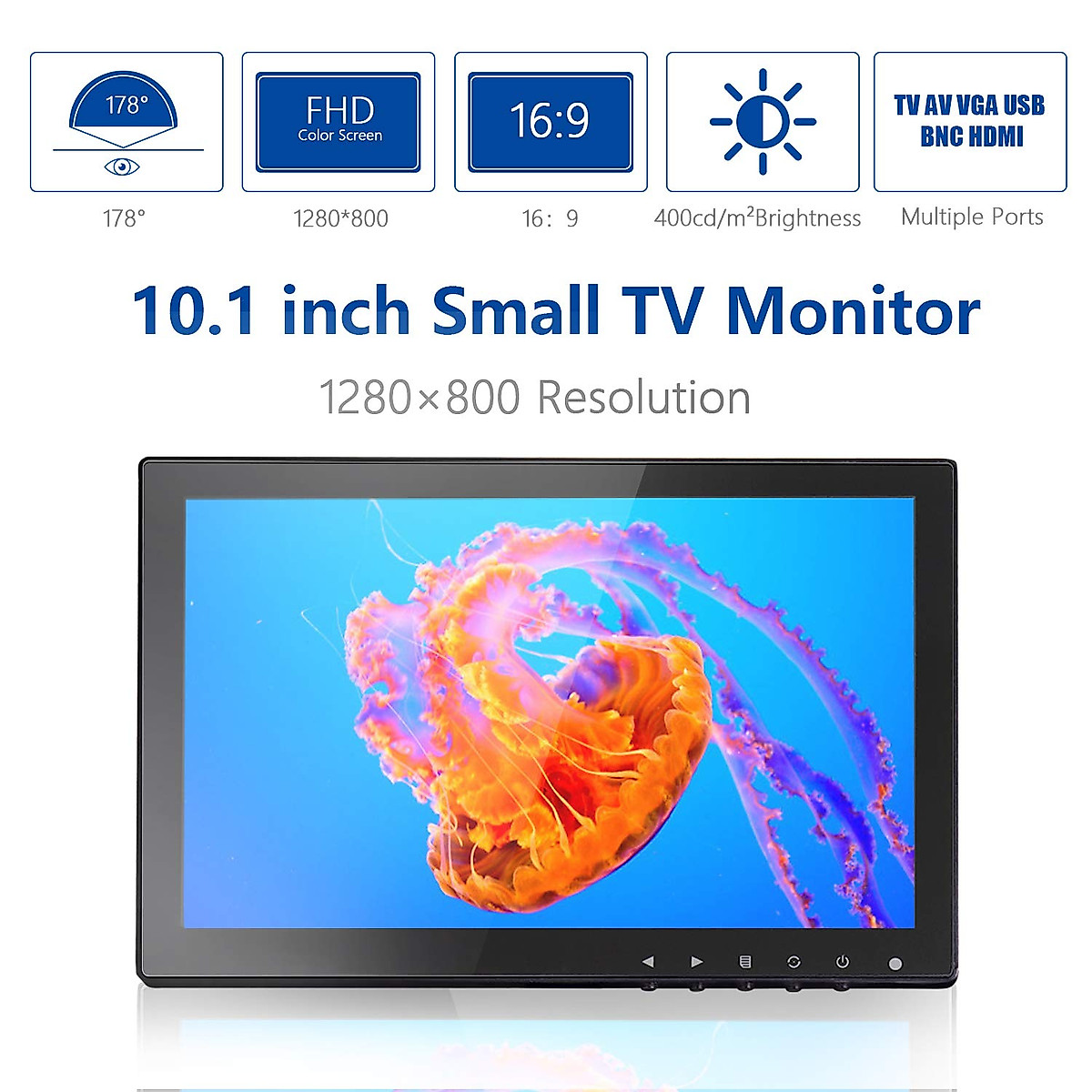 WHOLEV 10.1" LCD Rimless Monitor 1280x800 FHD Color Screen with AV VGA HDMI BNC USB Input Built-in Speaker 178° Wide Angle for Raspberry Pi Computer Display TV