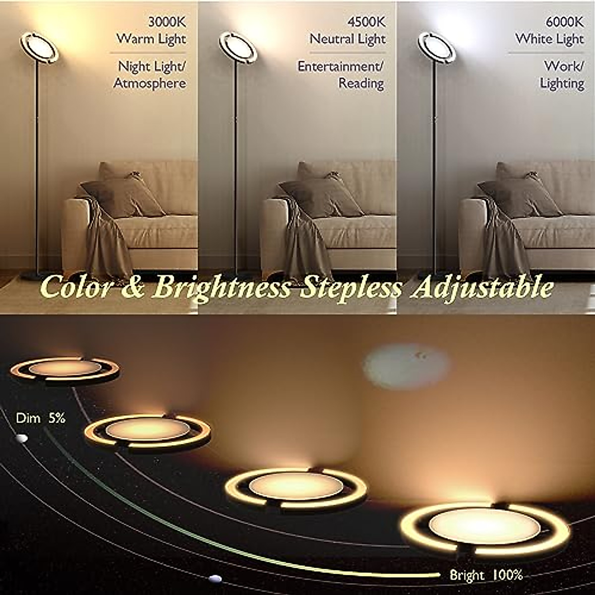 FIMEI Floor Lamp, Modern Bright Standing Lamp with Split Rotatable Outer Ring Light, 3 Color Temperature and Stepless Dimming, Remote/Touch Independent Control for Living Room Bed Room Office, Black