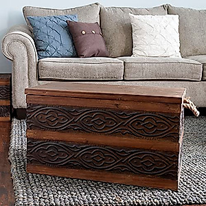 Household Essentials Decorative Trunk, Embossed Metal, Large, Chinese Fir Wood, Darkened Interior, Rope Handles, Flat and Fully Opening Lid, Handmade, Walnut and Almond Stain