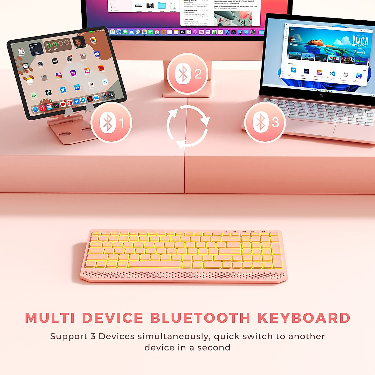 Backlit Bluetooth Keyboard for Mac/ Windows, Multi Device Ergonomic Wireless Rechargeable Mac Keyboard with 7-Colors Lights Compatible with Windows, Mac OS, Android, MacBook Air/Pro, Tablet-Pink