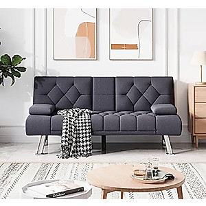 HIFIT Futon Sofa Bed, Upholstered Convertible Folding Sleeper Sofa Bed with Removable Armrests, Modern Futon Couch for Living Room, Bedroom, 2 Cupholders, Metal Legs, Dark Grey