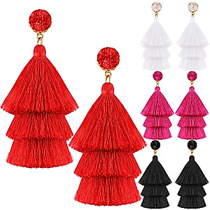 Bonuci 4 Pairs Tassel Earrings Red Earrings for Women Tassel Earring for Women Bohemian Druzy Stud Dangle Birthday Christmas Wedding Daily (White, Red, Rose Red, Black)