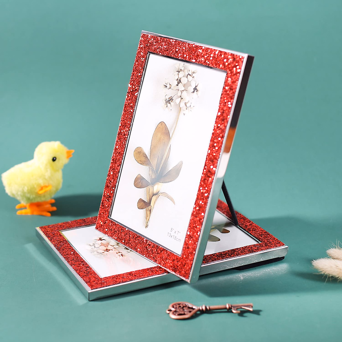 5x7 Picture Frame High-grade Metal Tabletop Photo Frames Smooth Finish Display Pictures Ideal Gift to Family and Friends（Red Glitter）