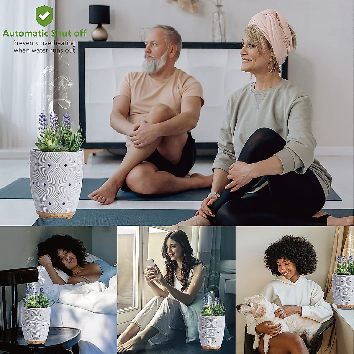 Artificial Succulent Plants Potted Diffusers for Essential Oils with 7 Colors LED Light,Ceramic Cool Mist Super Quiet Aromatherapy Diffuser for Home Office Room