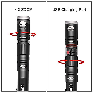 COVMAX Rechargeable Pen Light Flashlight IP67 Waterproof with Pocket Clip 4-Zoomable, Prefect for Inspection,Work,Repair