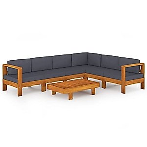 vidaXL Patio Lounge Set 7 Piece, Sectional Sofa for Outdoor Garden, Patio Furniture with Dark Gray Cushions, Coffee Table, Modern Style, Acacia Wood