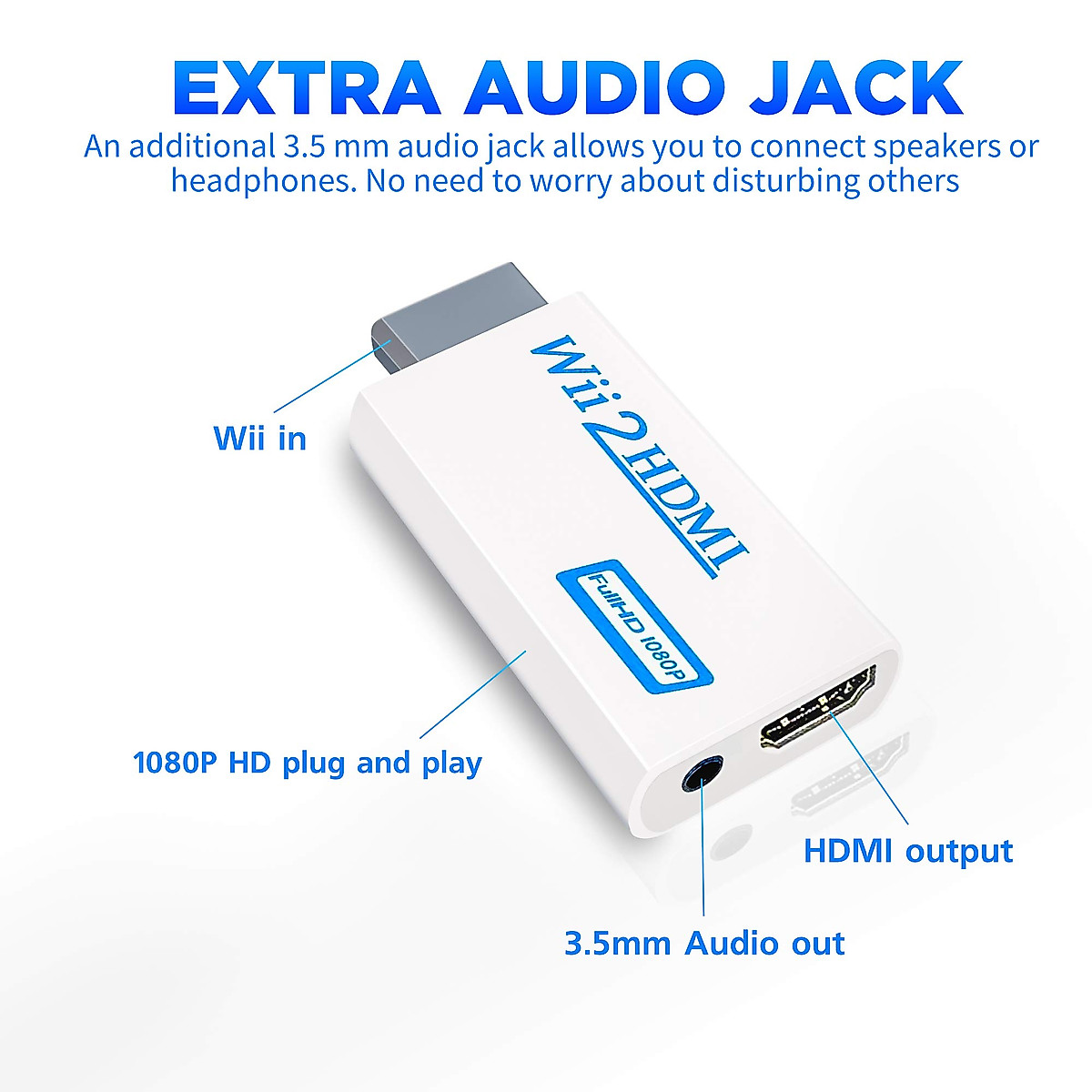 Wii to HDMI Converter Adapter 1080P for Full HD Device with 3,5mm Audio Jack&HDMI Output Compatible with Nintendo Wii, Wii U, HDTV, Monitor-Supports All Wii Display Modes 720P（ HDMI Cable Included）
