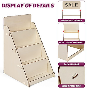 Retyion Wooden Display Stand for Greeting Cards, Birthday Cards, Coasters, Stickers, Photos - 4 Tier Portable Rack - Wood Color