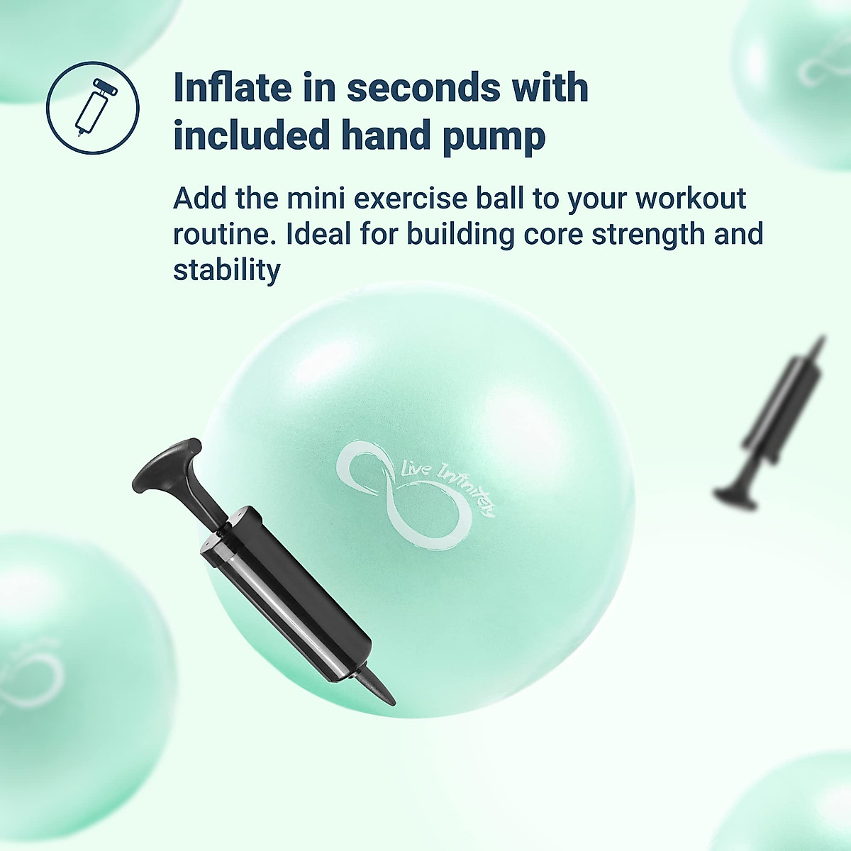 Live Infinitely Pilates Ball 9 Inch with Pump | Small Yoga Balls with Digital Workout eBook | Mini Stability Ball for Pilates, Barre, Yoga & Home Exercise (Mint)
