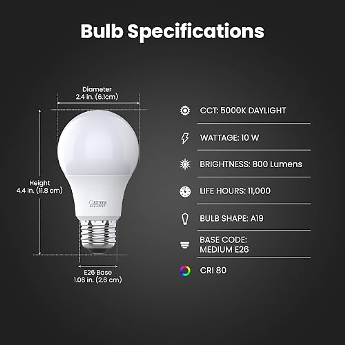 Feit Electric A19 LED Light Bulbs, 60W Equivalent, Non Dimmable, 800 Lumens, E26 Standard Base, 5000k Daylight, 80 CRI, 10 Year Lifetime, Energy Efficient, 24 Pack, A800850/10KLED/MP/24