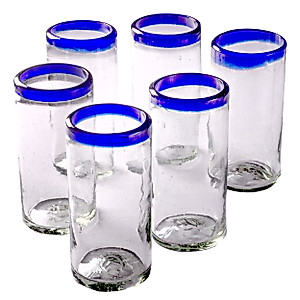 Orion Cobalt Blue Rim Tall Tumbler - 22 oz - Set of 6 - Handmade Mexican Glassware | Hand blown | Vibrant Colors | Restaurant Grade | Lead-Free Drinking Glasses