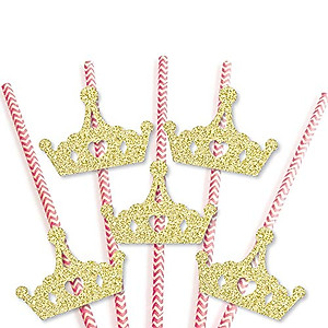 Gold Glitter Princess Crown Party Straws - No-Mess Real Gold Glitter Cut-Outs and Decorative Pink and Gold Princess Baby Shower or Birthday Party Paper Straws - Set of 24