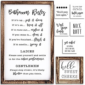 KIBAGA Farmhouse Bathroom Decor Set of 2 - Funny Interchangeable Wall Signs That Will Bring a Good Laugh to Your Bathroom - Rustic Wooden Picture Frames with Unique Sayings are Perfect for Your Home