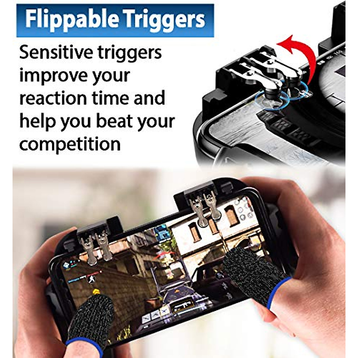 4 Trigger USB Mobile Game Controller with Cooling Fan Adjustable Stand for PUBG/Call of Duty/Fotnite [6 Finger Mode] GAMR+ L1R1 L2R2 Gaming Grip Gamepad