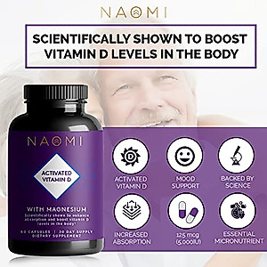 NAOMI Activated Vitamin D, Vitamin D3 5000 IU with Magnesium Supplement, Vitamin D for Strong Bones, Balanced Mood and Optimal Immune Support, K Minerals, D Vitamin IU- 60 Veggie Capsules