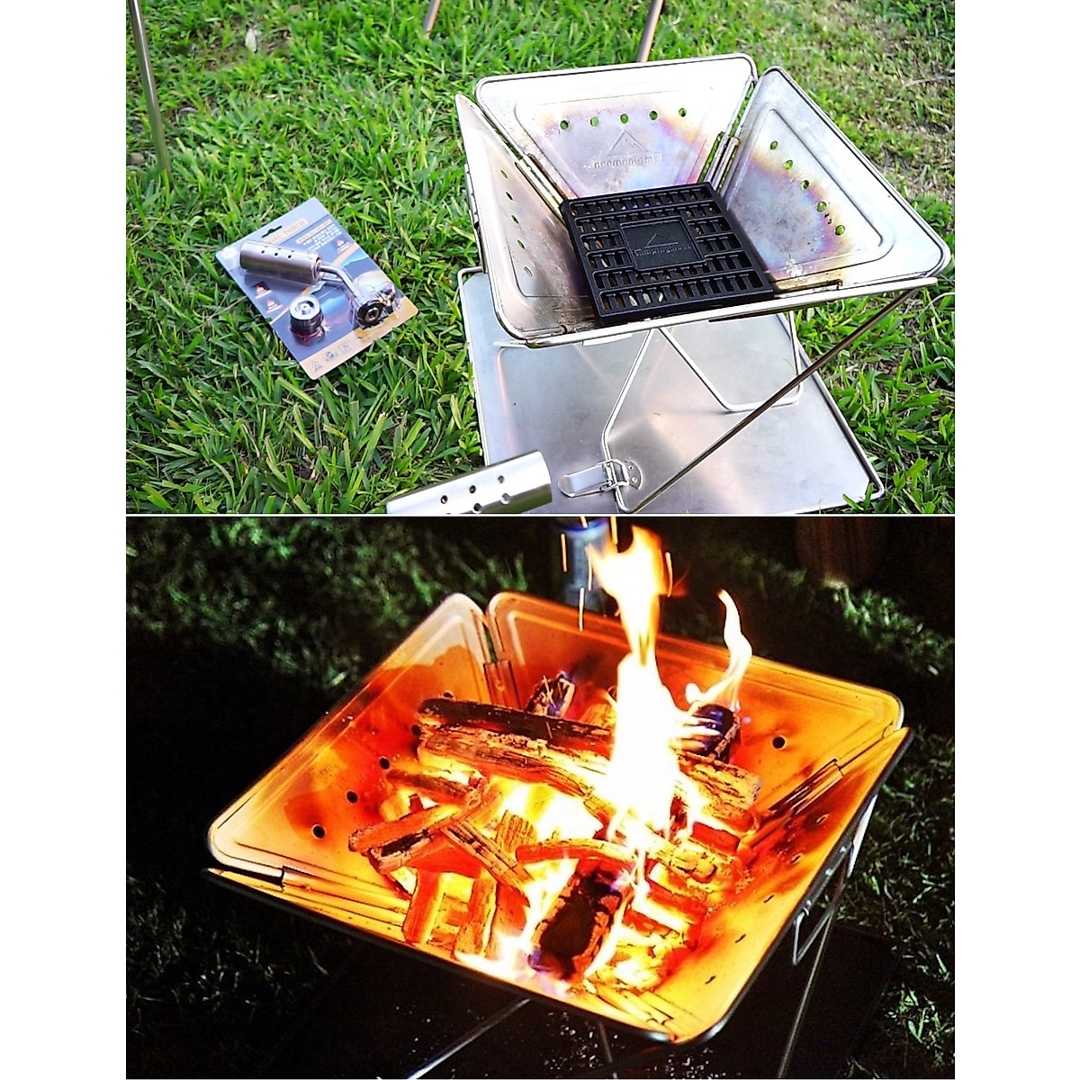 CAMPINGMOON 3-in-1 Portable Stainless Steel Wood Burning Grill and Fire Pit 16x18-inch with Carrying Bag MT-045