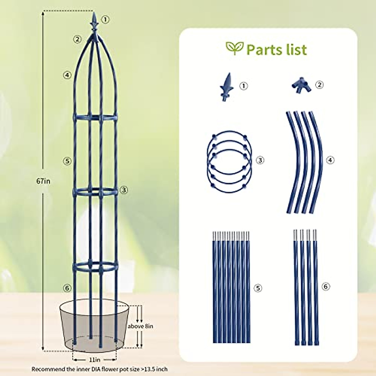 Garden Obelisk Trellis for Climbing Plants Outdoor Indoor Pot Rustproof 67" Tall Reinforced Plant Trellis - Metal with Plastic Plant Support Rose Trellis for Climbing Vine Vegetable, Blue, 1 PC