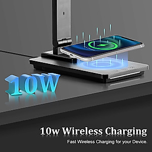 Dott Arts LED Desk Lamp with Wireless Charger, Touch Control Study Lamp with USB Charging Port, Table Lamp with Clock, Alarm, Date, Temperature, Office Lamp, Desk Lamps for Home Office,Black