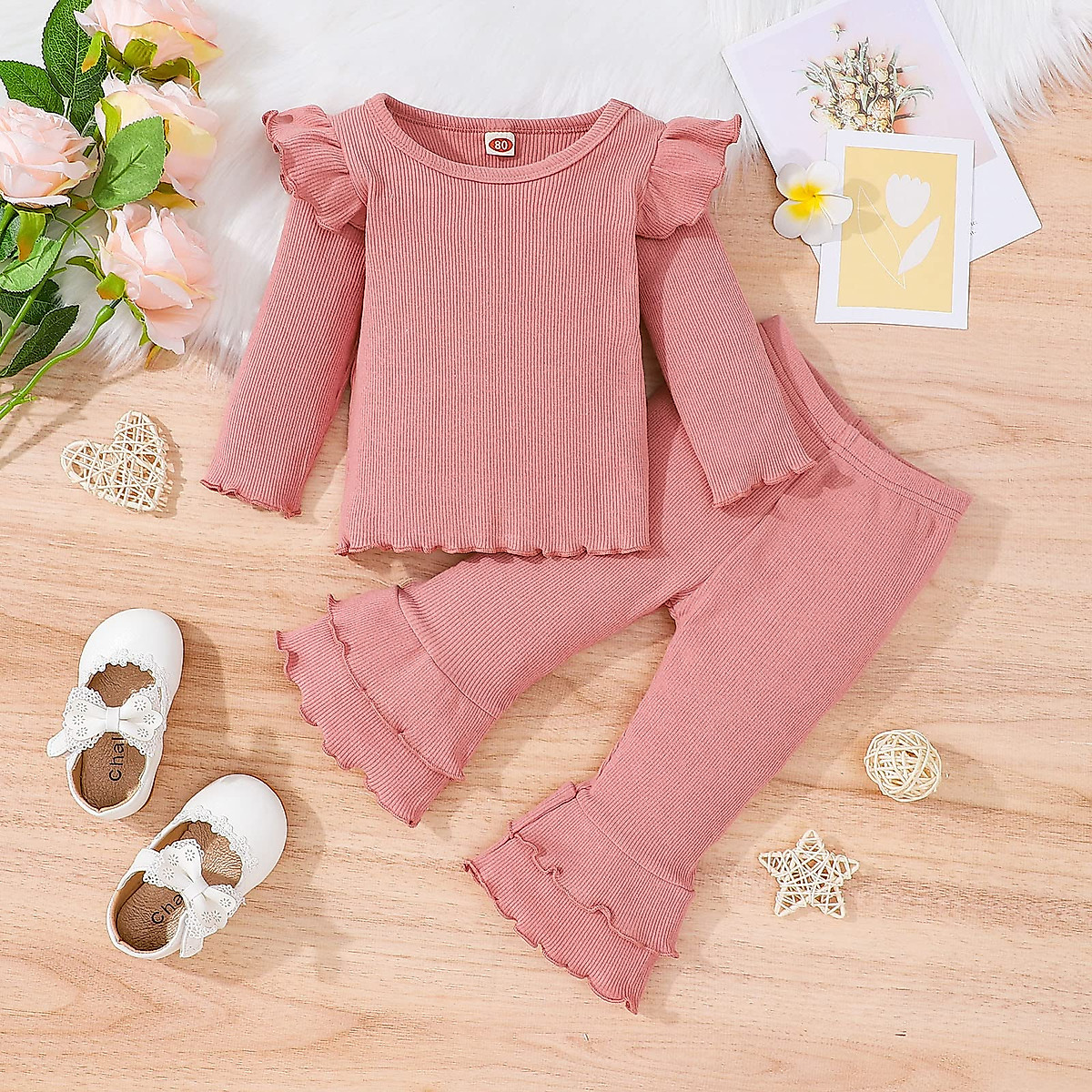 Clothes for Baby Girls Infant Girls Long Sleeve Solid Ribbed Tops and Ruffles Flare Pants Outfits Pink