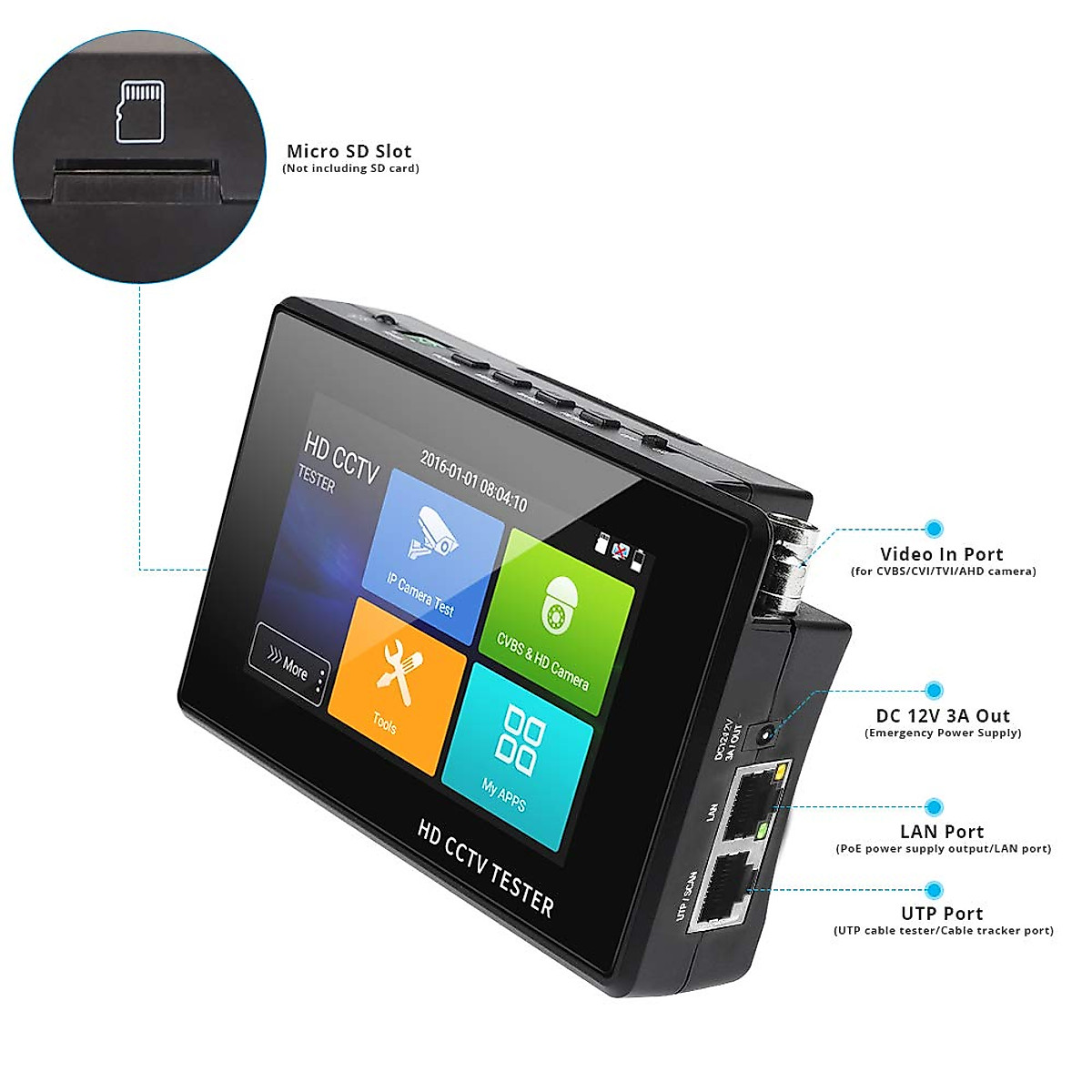 WSDCAM CCTV Tester with Wire Tracker, 4 Inch Portable Wrist IP Camera Tester CCTV Tester 4K H.265 IP CVBS CVI TVI AHD Analog Camera Tester with POE/IP Discovery/Camera Test Report