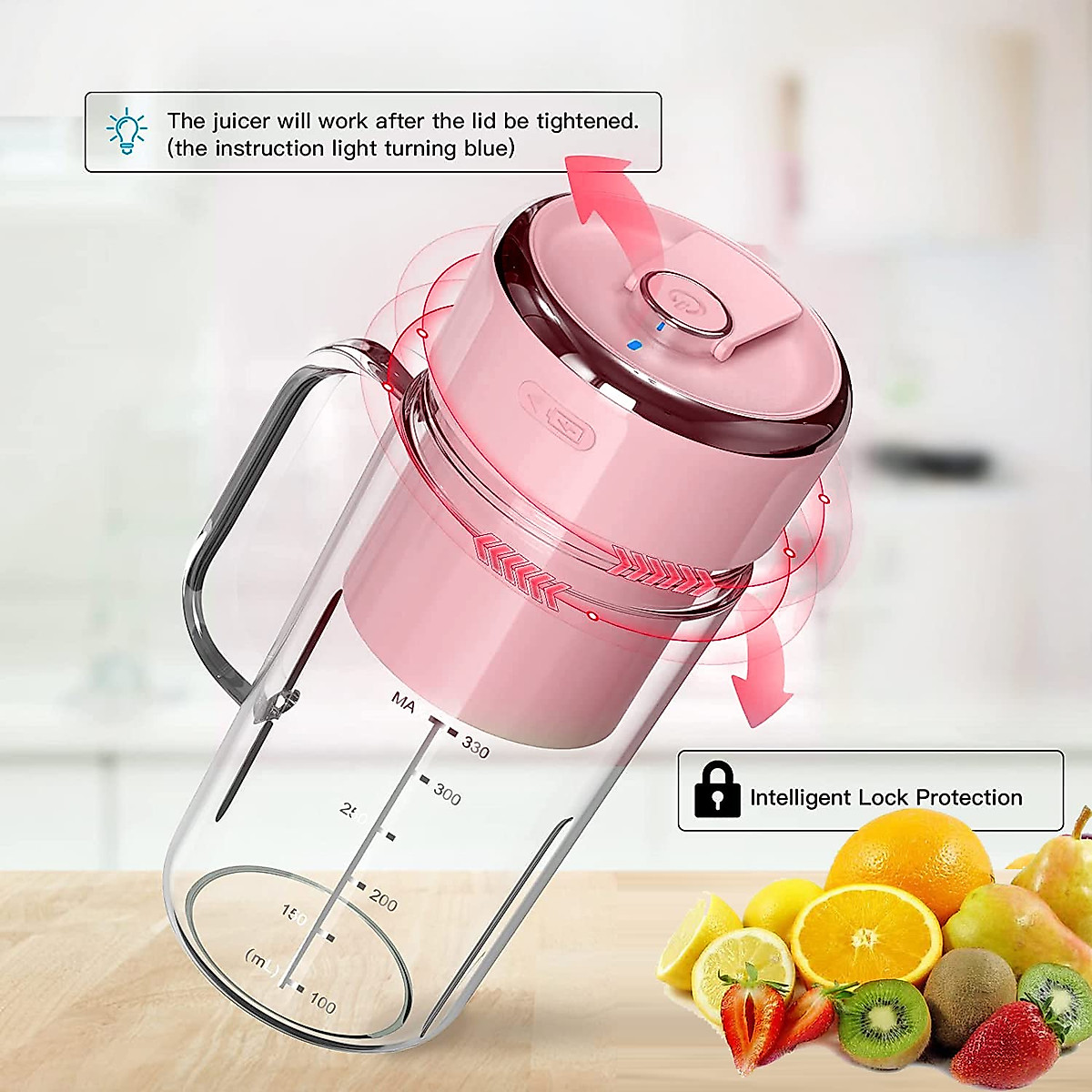 Portable Mini Blender for Shakes and Smoothies,12oz Personal Blender with Rechargeable USB, Made with BPA-Free Material Portable Juicer, 10 Blades (Pink)