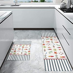 IDOWMAT Kitchen Rug Sets of 2 - Absorbent Non-Slip Kitchen Mats Navy Blue Stripes Beach Swim Ring Ice Cream Sunglasses Floor Comfort Mats Doormat for Kitchen Office Laundry 15.7x23.6in + 15.7x47.2in