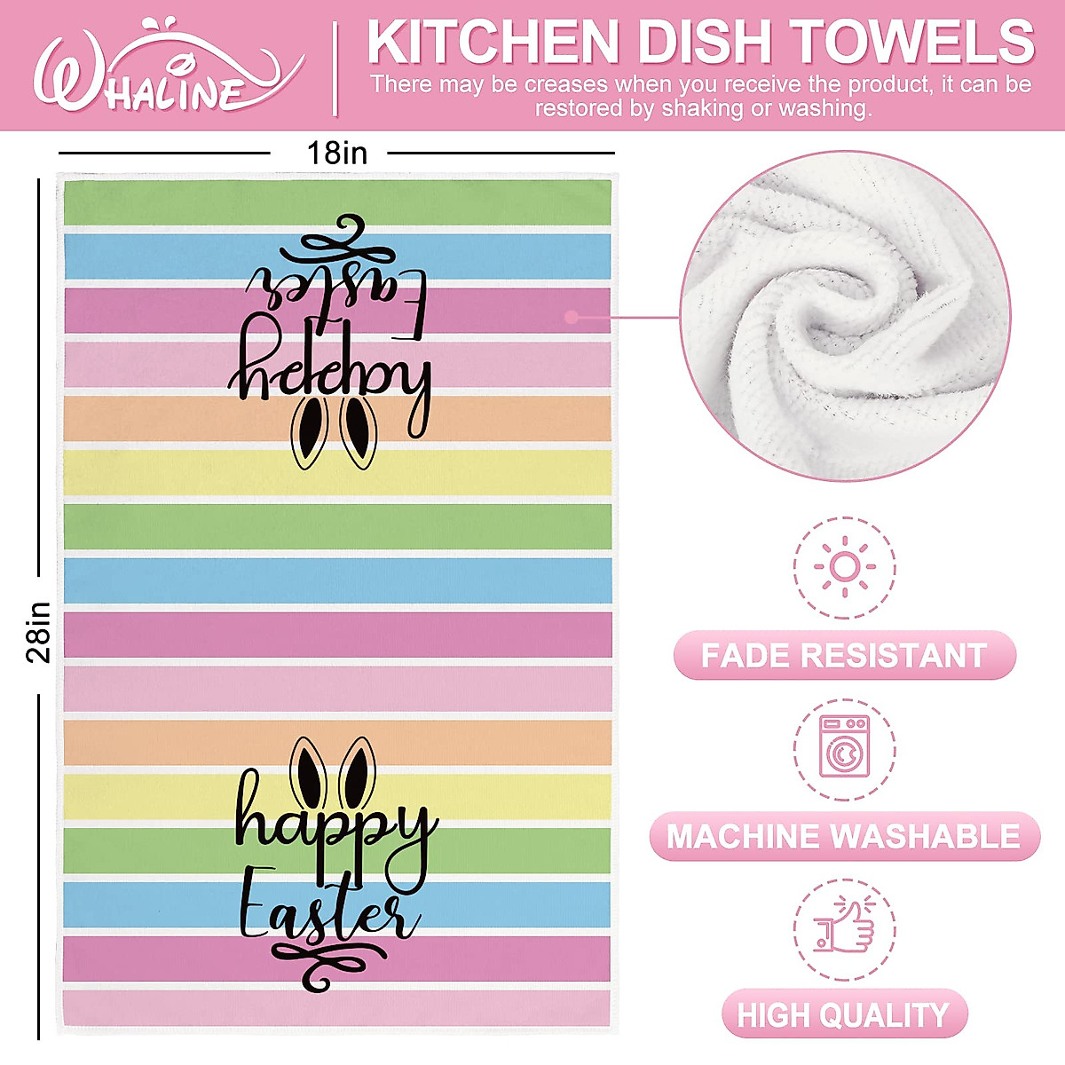 Whaline Easter Kitchen Towel 4 Pack Easter Bunny Rabbit Dish Towels 18 x 28 Inch Colorful Stripes Hand Drying Tea Towel for Spring Holiday Cooking Baking Cleaning Wipes
