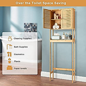Markif Bamboo 2 Doors 1 Shelf Toilet Cabinet Bathroom Cabinet Over The Toilet Storage Cabinet,Bathroom Organizer with Adjustable Inside Shelf and Bottom Stabilizer Bar, Space-Saving Toilet Rack