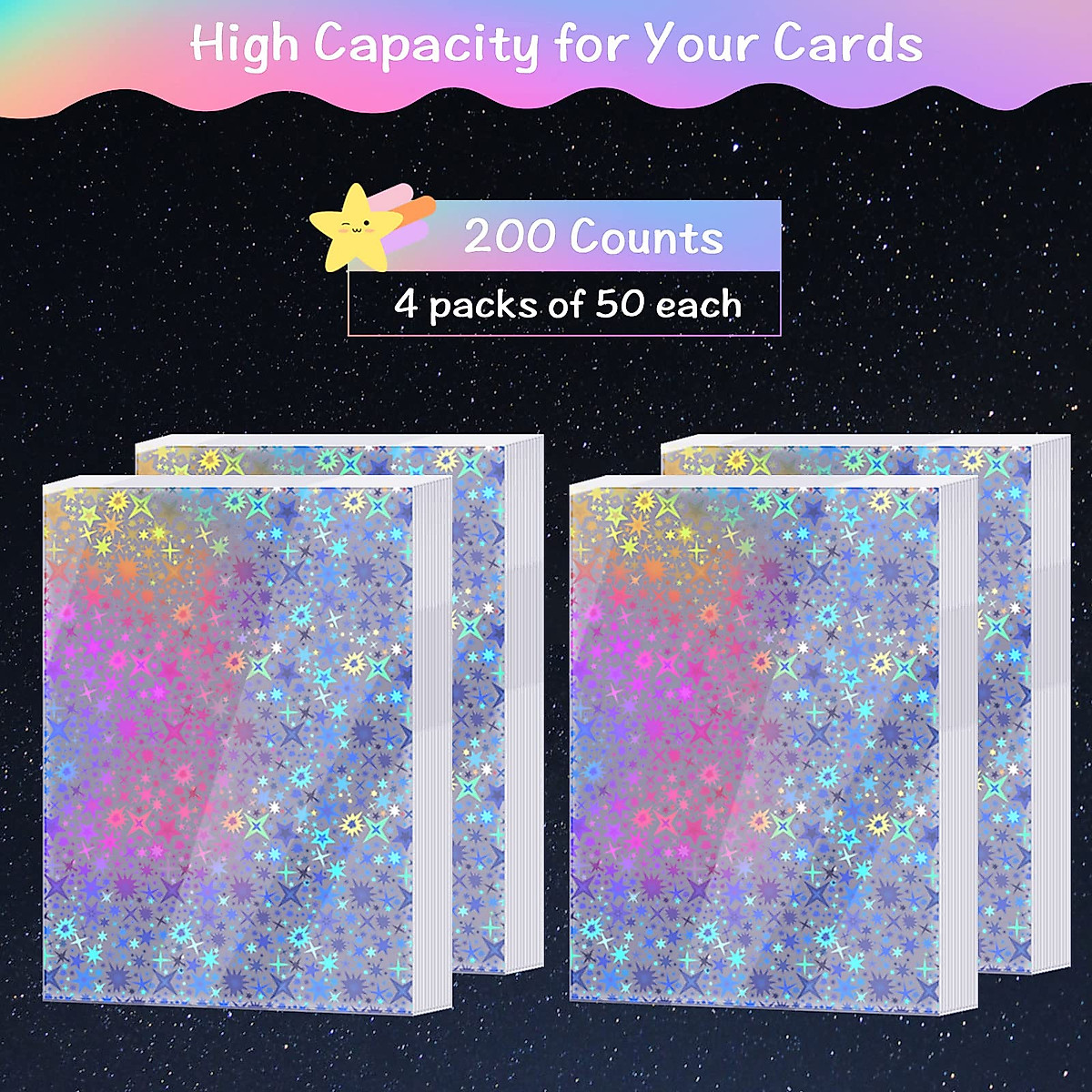 200 PCS Star Laser Flashing Trading Card Sleeves, Holographic Photocard Sleeves Kpop Card Protector for Cards Sports Cards