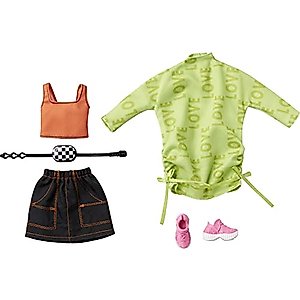 Barbie Fashions 2-Pack Clothing Set, 2 Outfits Doll Includes Green Sweatshirt Dress, Orange Sleeveless Top & Black Skirt & 2 Accessories, Gift for Kids 3 to 8 Years Old