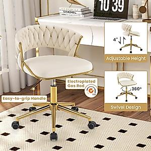 COSTWAY Velvet Office Desk Chair, Upholstered Makeup Vanity Chair w/Woven Back & Gold Base, Height Adjustable Swivel Computer Task Chair, Home Office Chair w/Wheels for Bedroom Study (Beige)