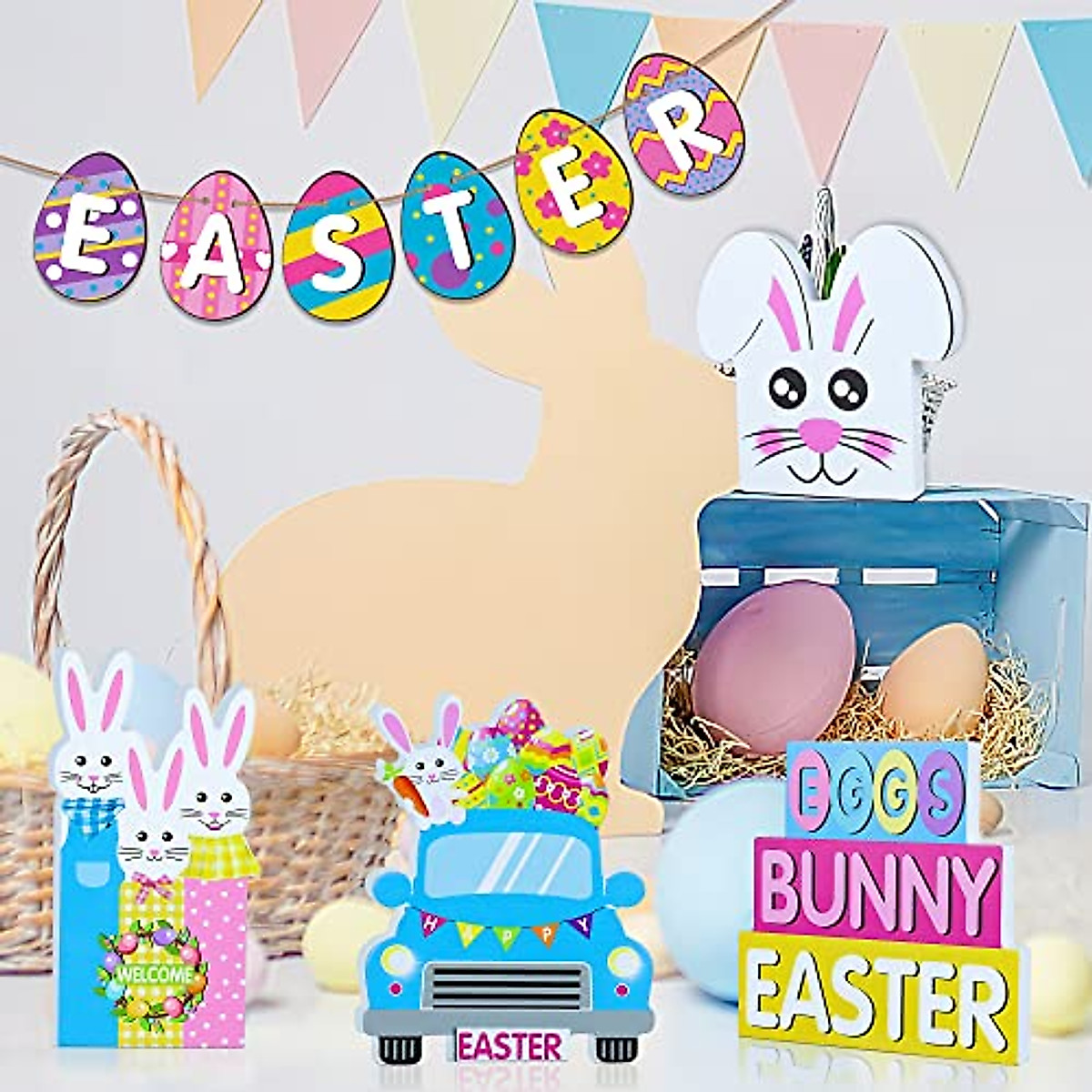 5 Pcs Easter Tiered Tray Decor Decorations Set, Farmhouse Easter Wooden Signs Table Centerpieces with Mini Easter Eggs Garland, Cute Easter Bunny Table Decor for Home Indoor Welcome Sign Easter Gift