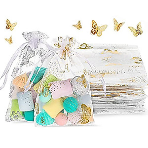 Outus 100 Pieces Butterfly Organza Drawstring Gift Bags 4 x 6 Inch Butterfly Jewelry Pouch White Drawstring Organza Candy Bags for Wedding Festival Christmas Party Favor Supply, Silver and Gold