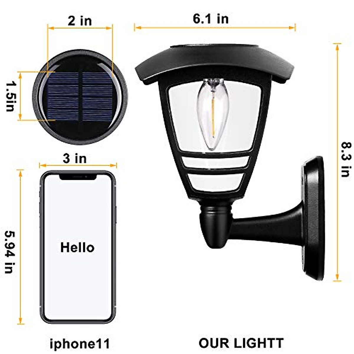 2 Pack Solar Wall Lantern Lights Outdoor Waterproof, Black Sun Powered Wall Light Fixtures, Sturdy Plastic LED Wall Lantern, Clear Warm White Lighting for Yard, Front Porch, Garage and Garden