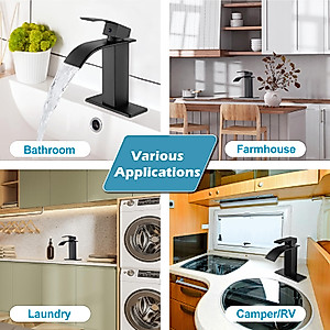 Midanya Waterfall Spout Bathroom Faucet Single Handle 1 Hole Bathroom Sink Faucet,Modern RV Lavatory Vanity Basin Faucet with 6 Inch Deck Plate for 1 or 3 Hole and Water Hose,Matte Black
