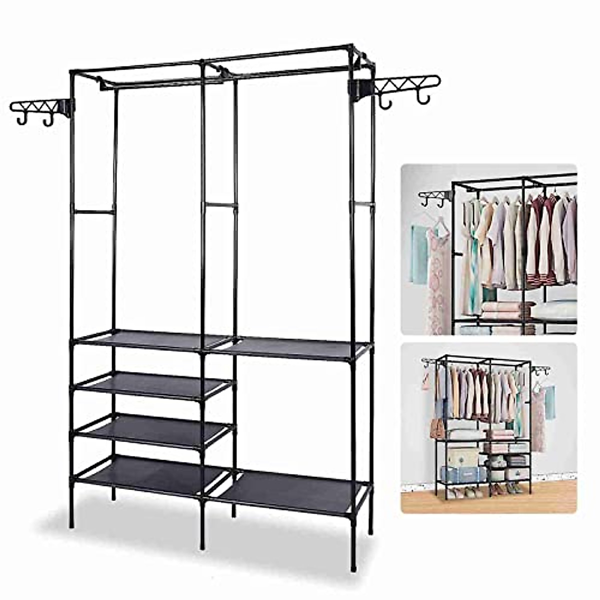TeqHome Garment Rack, 42'' Freestanding Clothes Rack Shoe Clothing Organizer Shelves, Multifunctional Clothes Wardrobe with 4 Hooks & 2 Hanging Rods, Coated Iron Frame, Easy Assembly, Max Load 350lbs