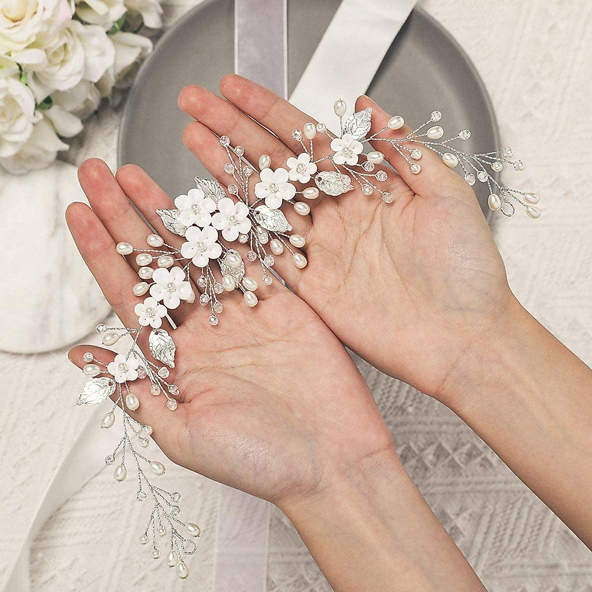 Unicra Silver Bride Wedding Hair Vine Flower Bridal Hair Piece Pearl Hair Accessories Leaf Headpieces Jewelry for Women and Girls (12.5 Inches) (Silver)