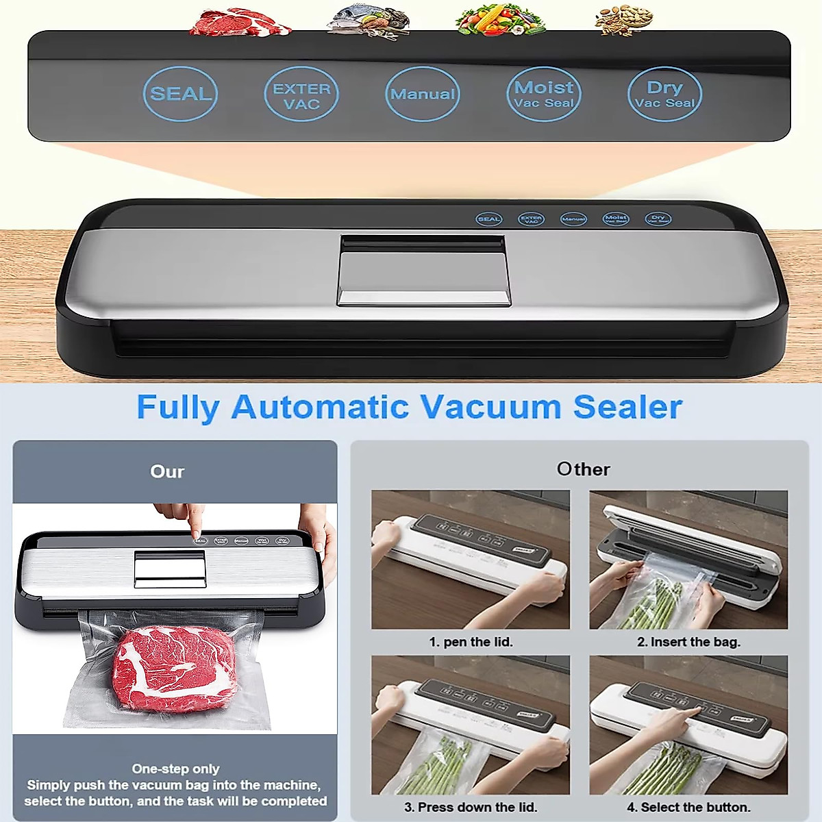 Powerful Vacuum Sealer Machine, One-Touch Automatic Food Sealer with 15 Bags, Dry/Moist/Seal/Manual/External Vac, 7MM Heating wire, Compact Easy-Clean for Food Storage and Sous Vide