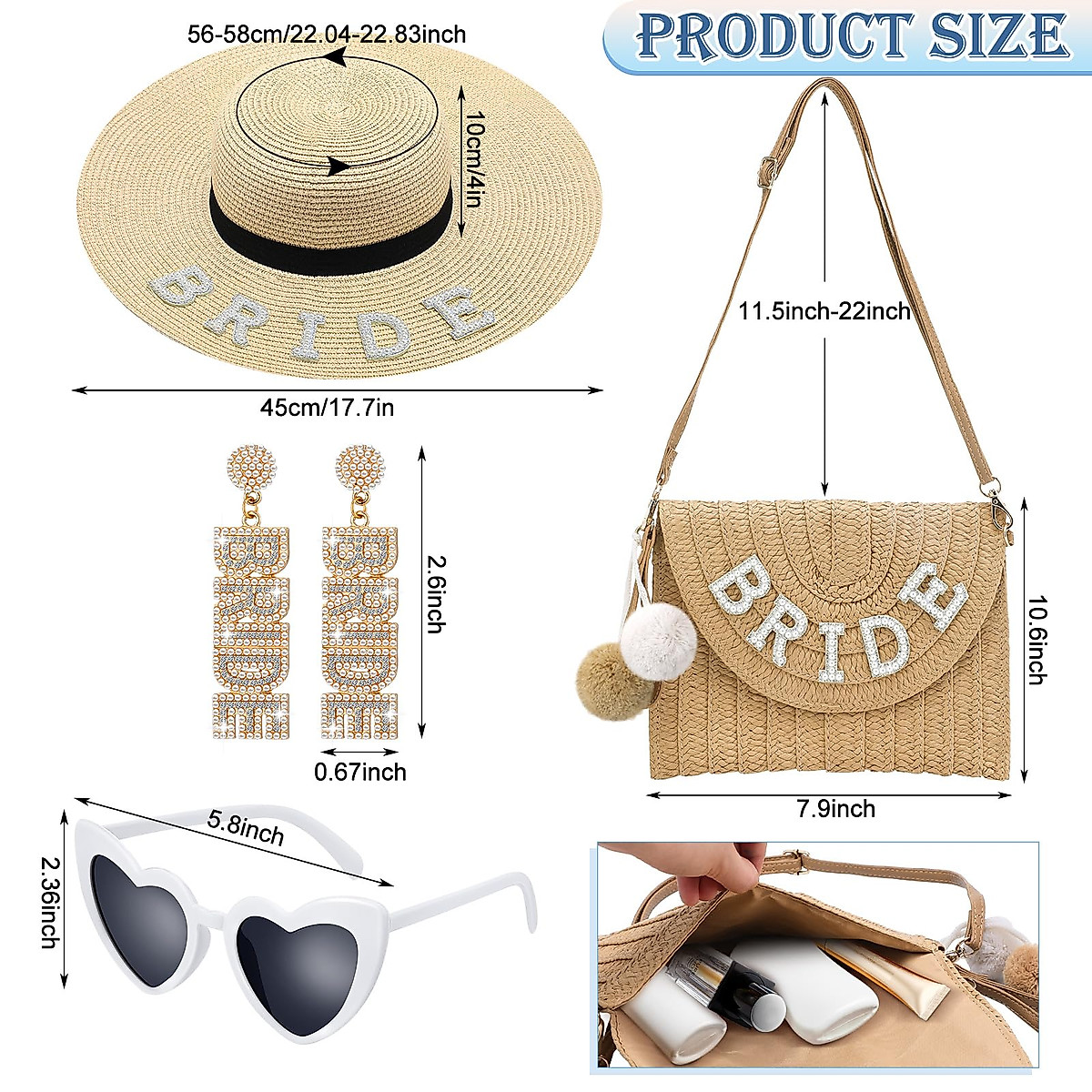 Bunnycool 4 Pcs Bridal Shower Gifts Set Bride Sun Hat Straw Shoulder Bag Heart Sunglasses Rhinestone Bride Earrings Bachelorette Gifts for Bride Wife Wedding Honeymoon Summer Beach Present