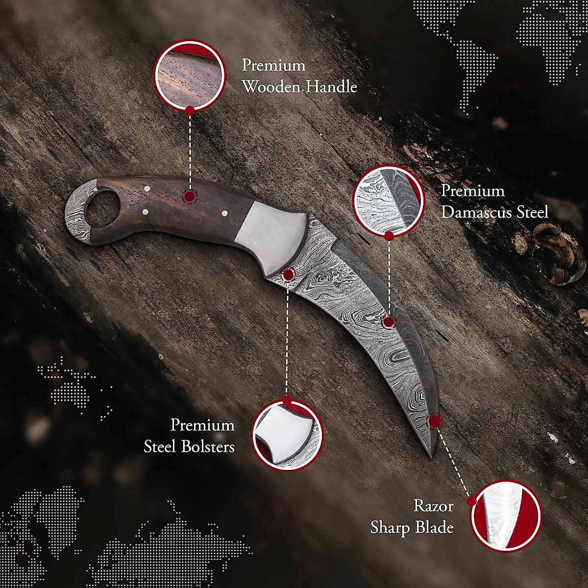 Morf Steelware Damascus Karambit Knife, Handmade Damascus Steel Bowie Knife, 9 inch Karambit Skinning Knife with Leather Sheath, Hunting, Camping & Outdoor Knife - Rose Wood Handle